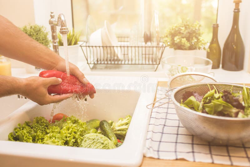 Man Washing Vegetables before Eating Stock Photo - Image of male ...