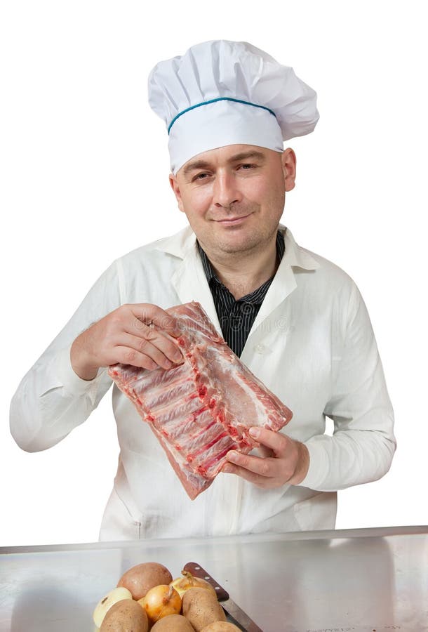 Chef man with meat stock photo. Image of indoor, portrait - 25579408