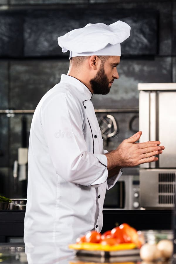 Chef Prepare Food with Fire at Kitchen Restaurant. Chef with Wok at ...