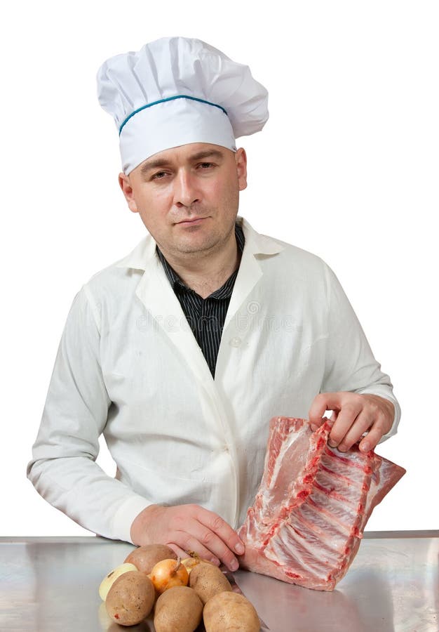 Chef man with raw meat stock image. Image of caucasian - 26483605