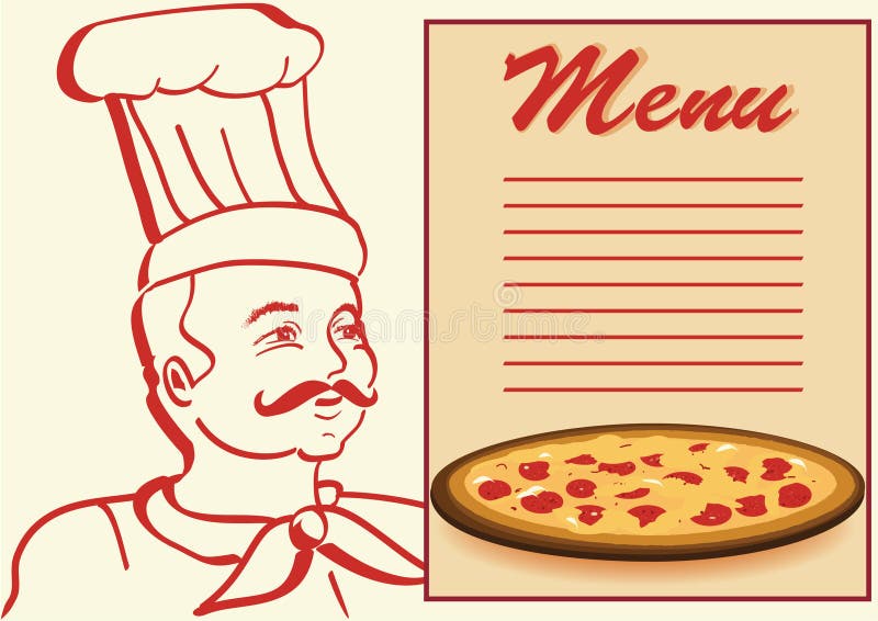 Chef with menu and pizza. stock vector. Illustration of business - 13085311