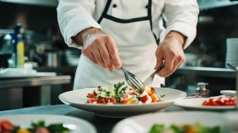 A Chef Meticulously Plates a Fresh Salad, Arranging the Ingredients ...