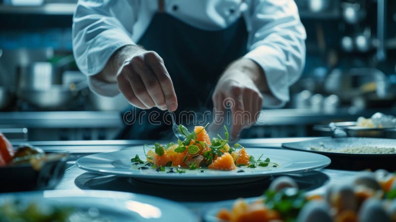 Chef Meticulously Plating a Dish with Precision in a Professional ...