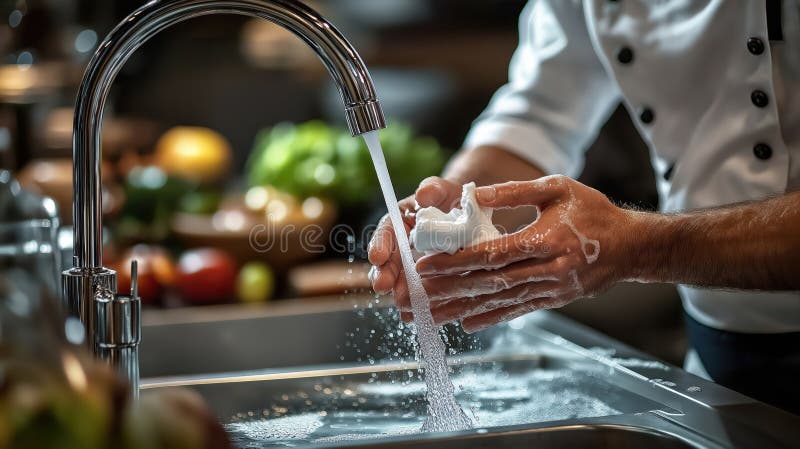 Chef Meticulously Washes Hands at Kitchen Sink. Close-up Hygiene ...