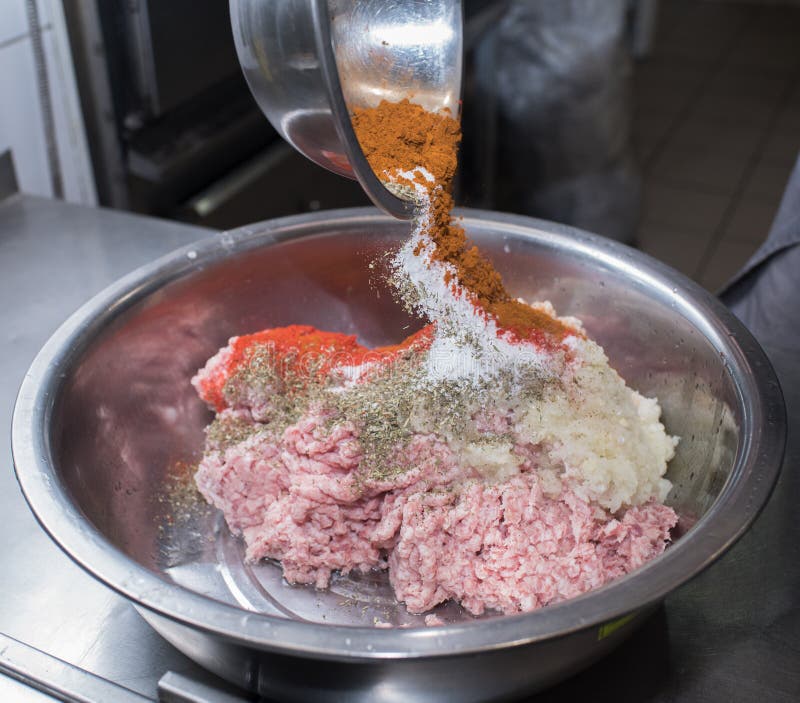 The Chef Mixes Minced Pork with Different Ingredients. Stock Photo ...