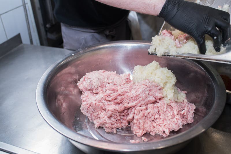 The Chef Mixes Minced Pork with Different Ingredients. Stock Image ...