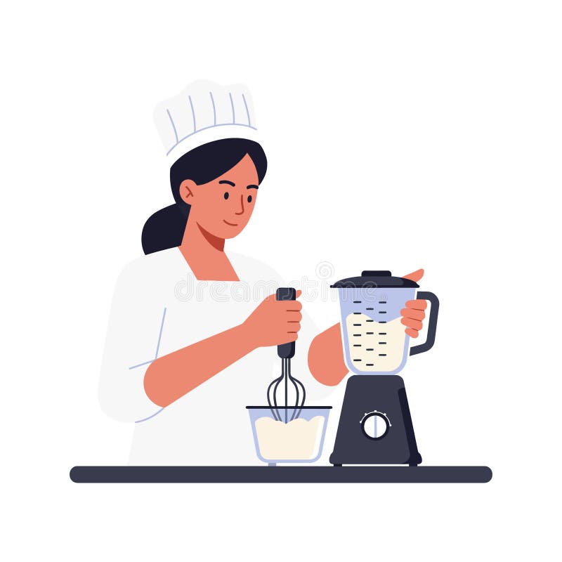 Chef Mixing Ingredients with a Blender in Flat Vector Illustration ...