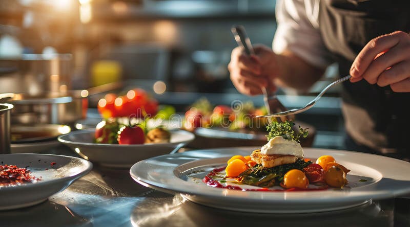 Chef in Modern Kitchen Preparing Gourmet Meal in Upscale Restaurant of ...