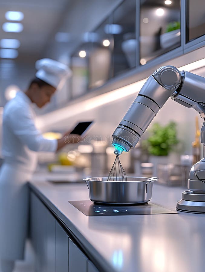 Chef in Modern Kitchen with Robot Arm Assisting in Meal Preparation ...