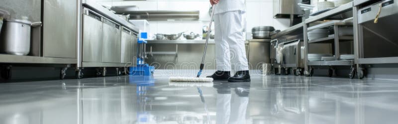 Chef Mops Floor in Modern Restaurant Kitchen during Cleaning Shift ...
