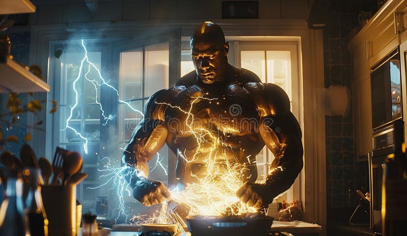 Chef. a Muscular Man in the Lightning Flashes Prepares Dinner in the ...