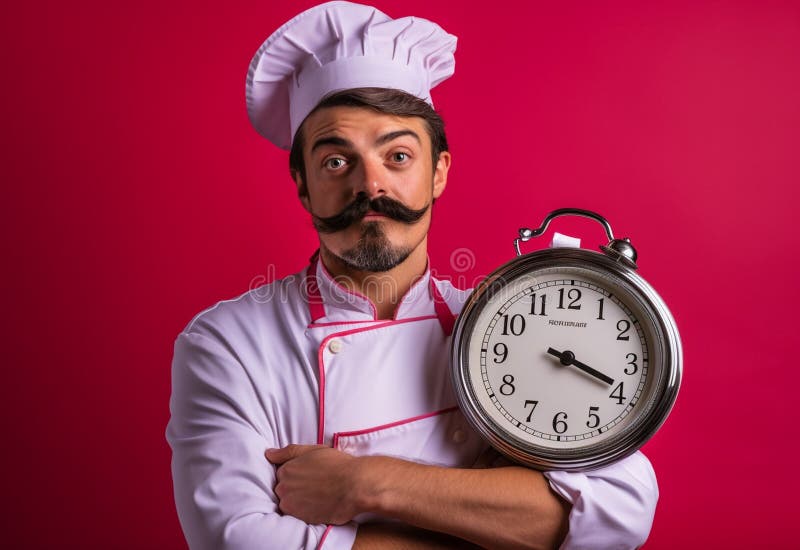 Chef with Mustache Holding a Large Alarm Clock Against a Red Background ...