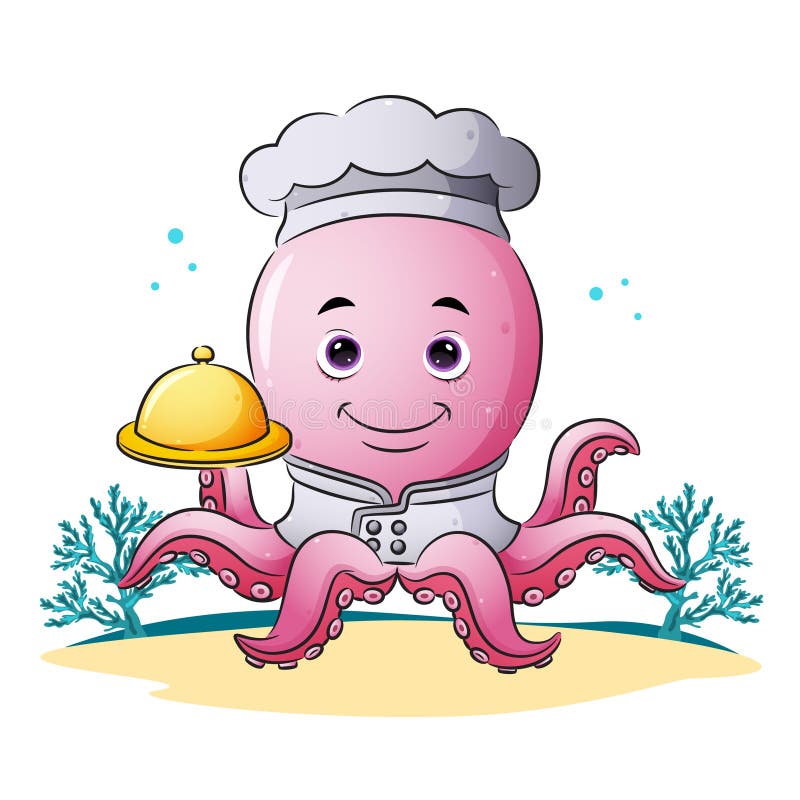 The Chef Octopus is Holding the Movable Food Cover Stock Vector ...