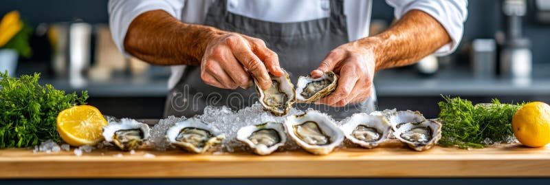 Chef with Open and Closed Fresh Raw Oysters, Ice Cubes and Cut Lemons ...