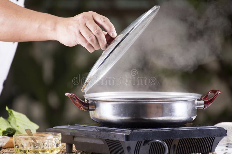 Chef Opening the Lid of Pot before Cooking Noodle Stock Photo - Image ...
