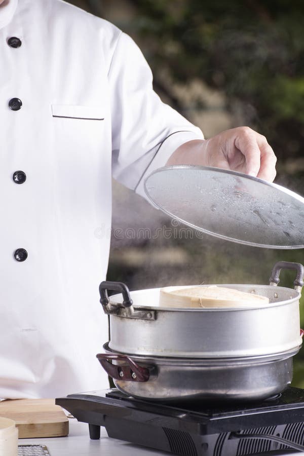 Chef Opening the Lid of Pot before Cooking Noodle Stock Photo - Image ...