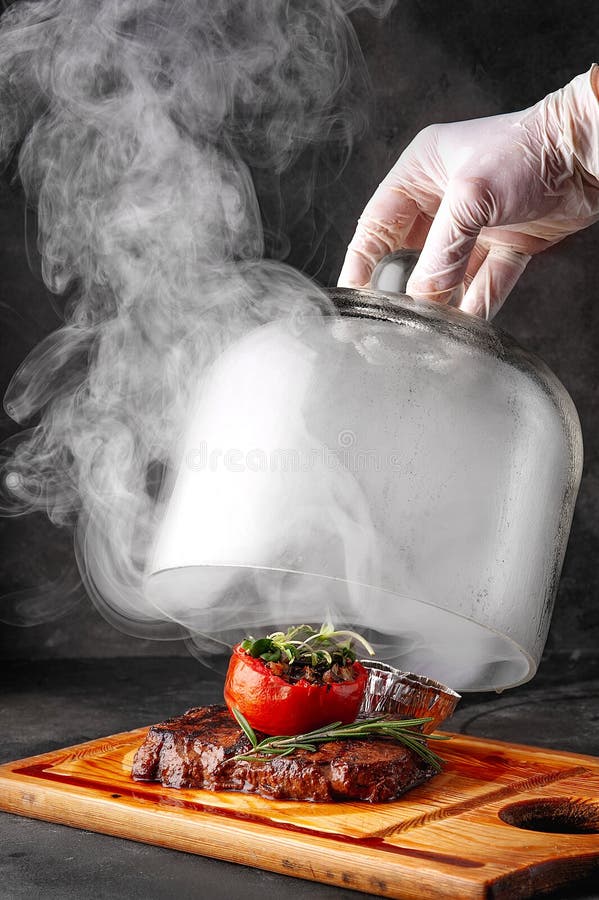 The Chef Opens a Glass Cover of Meat and Rosemary Stock Image - Image ...