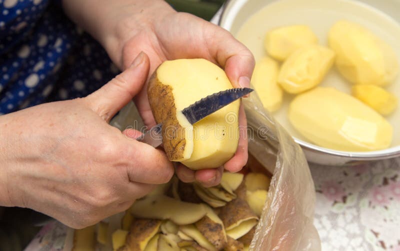 Chef peeling potatoes stock photo. Image of skin, hand - 106593698