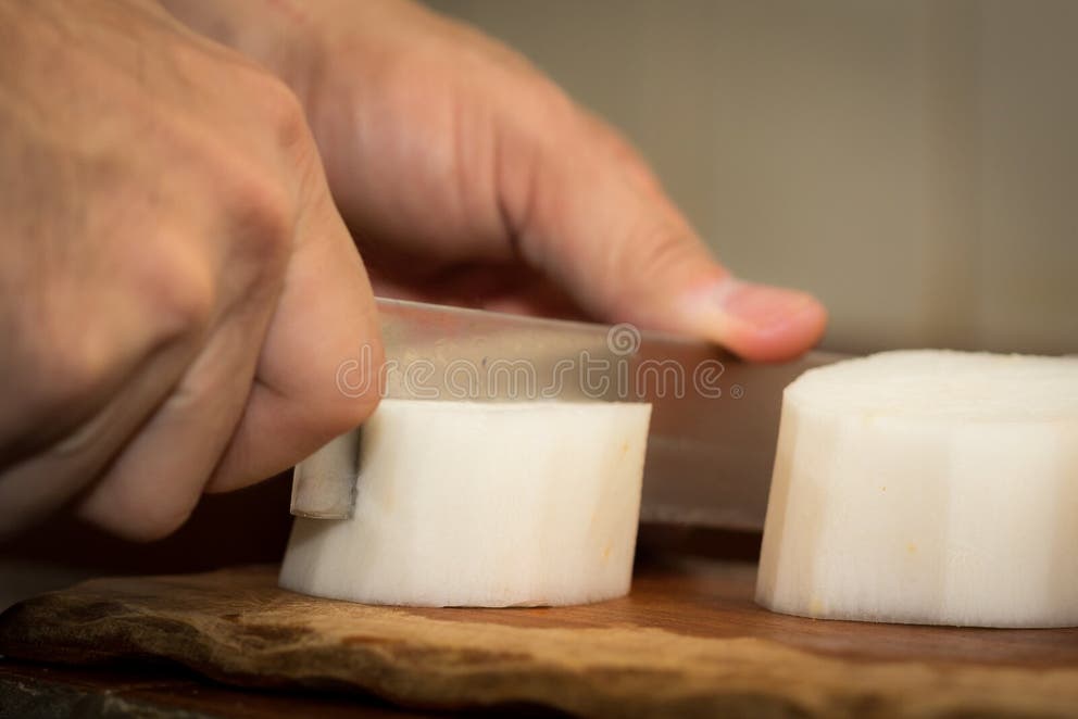 Chef Peeling Radish with Knife. Stock Photo - Image of lifestyle, chef ...