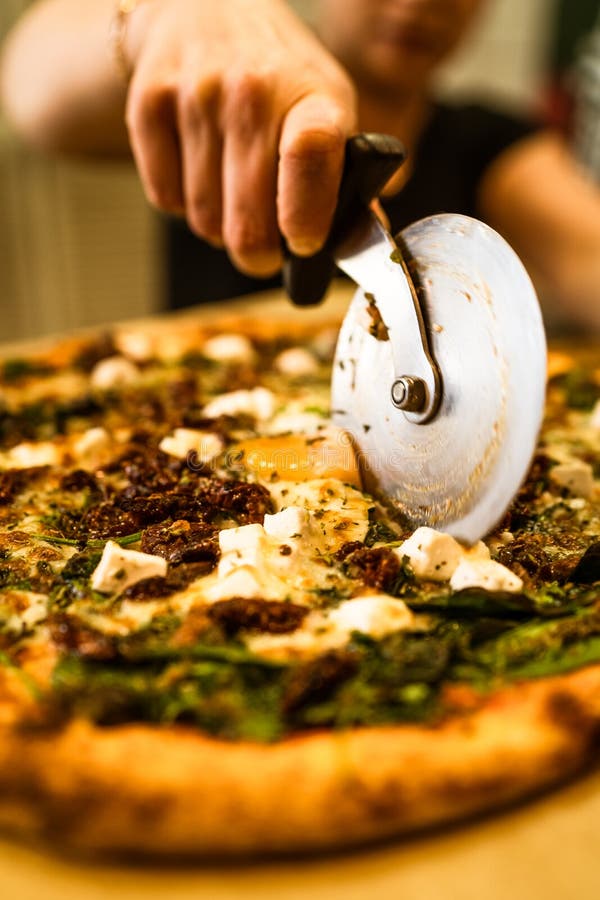 Chef Pizzer Preparing Fresh Pizza for Serving. Restaurant Waiter at ...
