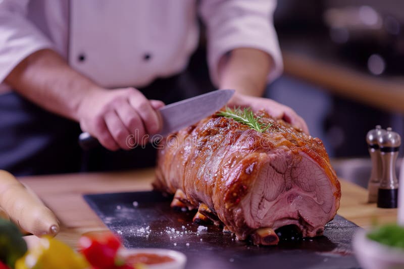 Chef Placing a Cooked Roast before the Class for Carving Stock ...