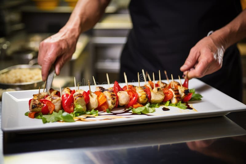 A Chef Placing Finished Skewers Onto a Plate Stock Photo - Image of ...