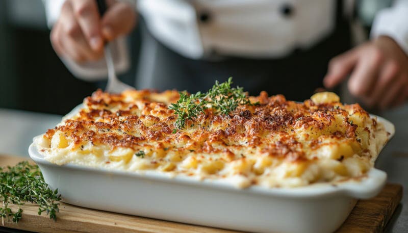 Chef Placing Fresh Thyme on Top of Delicious Mac and Cheese Stock Photo ...