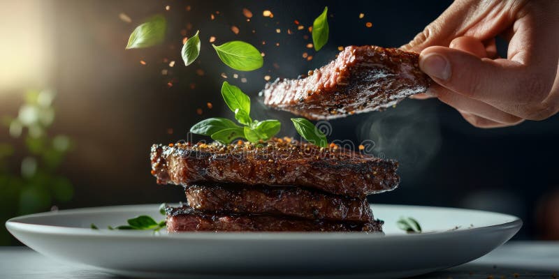 Chef Placing Grilled Beef Steak on Stack with Falling Herbs and Spices ...