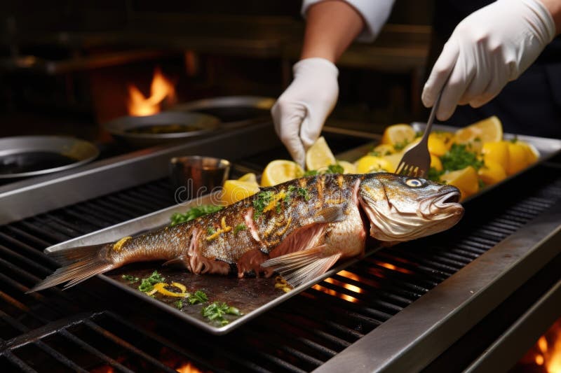 Chef Placing Grilled Fish on a Plate Stock Photo - Image of chef ...