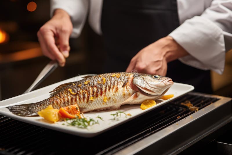 Chef Placing Grilled Fish on a Plate Stock Photo - Image of restaurant ...
