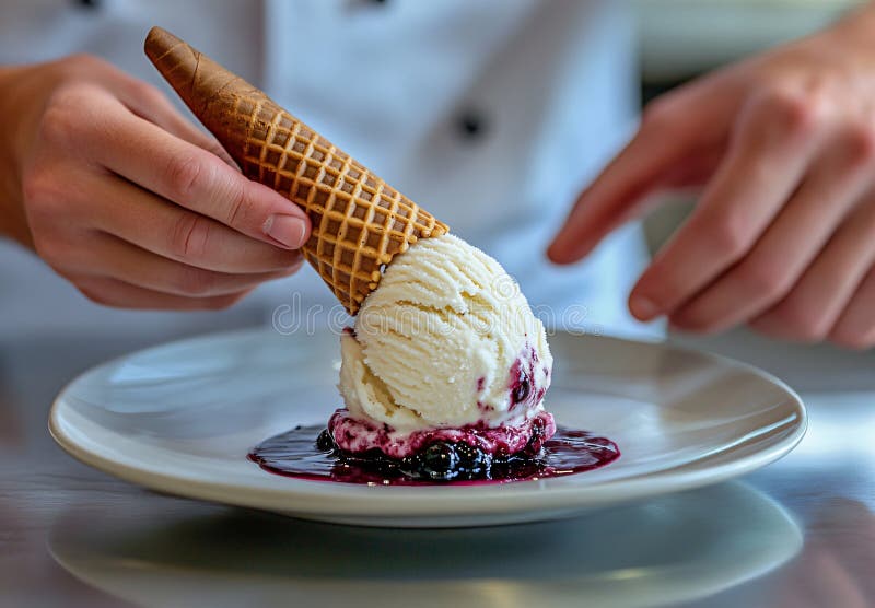 Chef Placing Ice Cream with Cone on Plate Stock Illustration ...