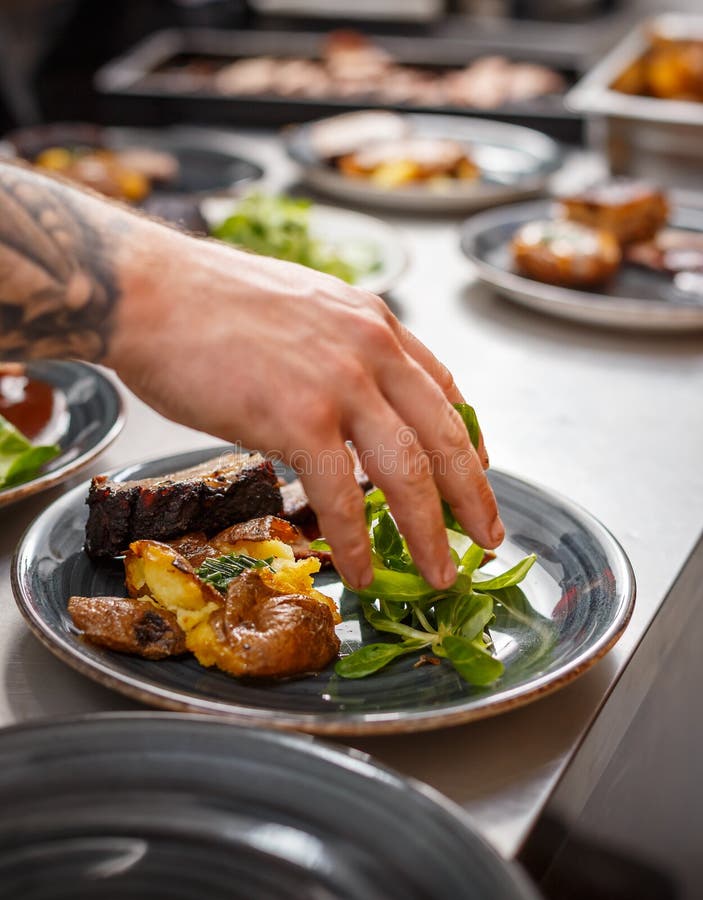 Chef Plating Salad Closeup stock image. Image of chef - 141633987