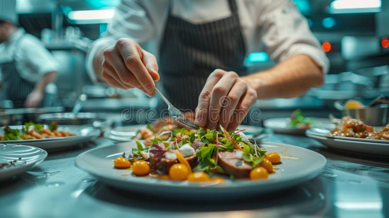 Chef Plating a Dish in a Restaurant Kitchen. Stock Photo - Image of ...