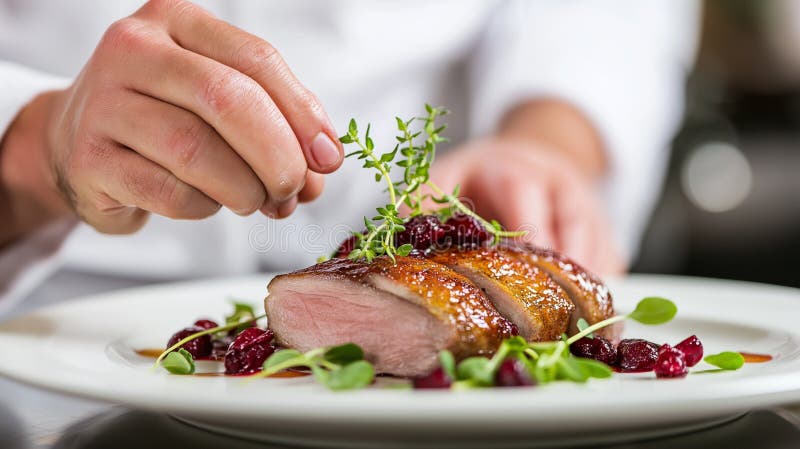 Chef Plating a Dish of Roasted Duck Breast with Cranberry Reduction and ...