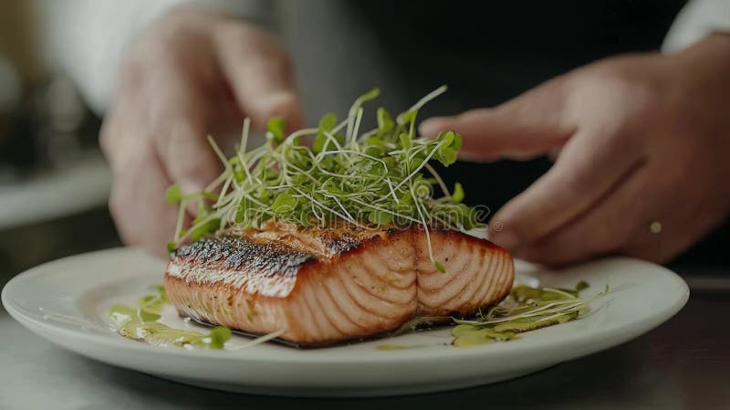 Chef Plating a Dish of Roasted Duck Breast with Cranberry Reduction and ...