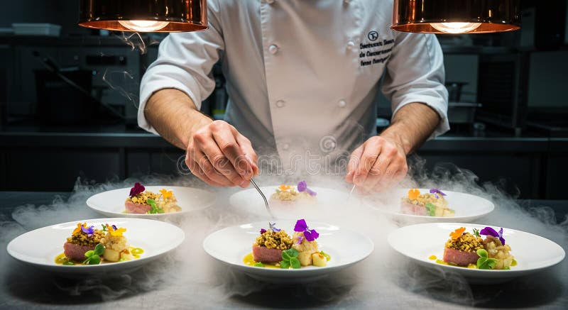 Chef Plating Elegant Dishes in a Professional Kitchen. Each Plate ...