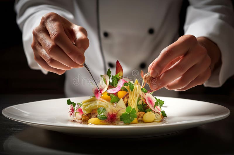 A Chef Plating Gourmet Artichoke Salad in a Fine Dining Setting Stock ...