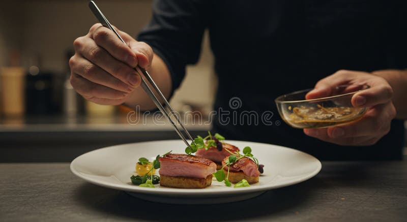Professional Chef Plating Delicious Meal Modern Kitchen Setting ...