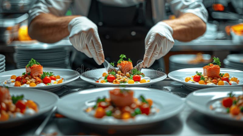 Chef Plating Gourmet Dishes in an Elegant Restaurant Kitchen Stock ...