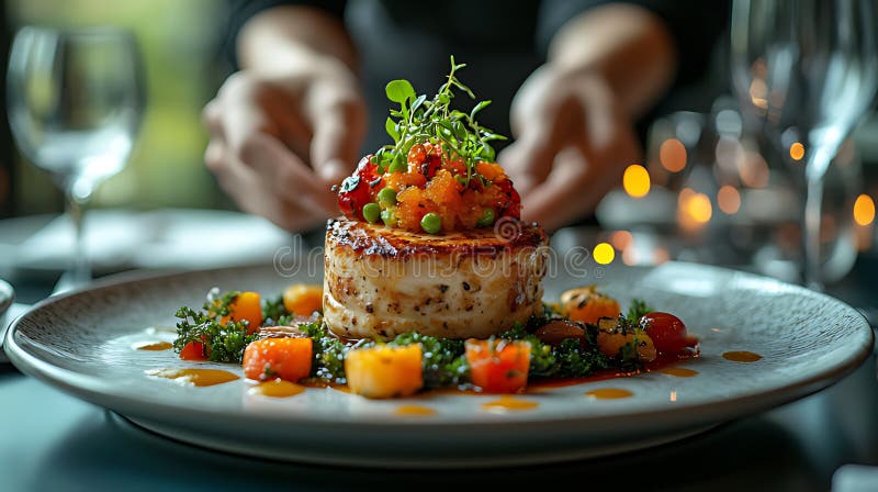 Chef Plating Gourmet Fish Dish, Restaurant, Romantic Ambiance Stock ...