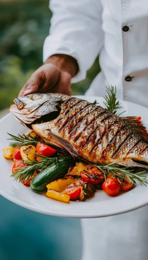 Chef Plating Grilled Fish with Colorful Vegetables on White Plate, Fine ...