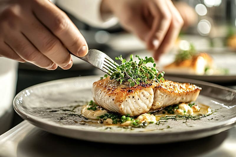 Chef Plating Fish Dish Microgreens Sauce Restaurant Kitchen Stock ...