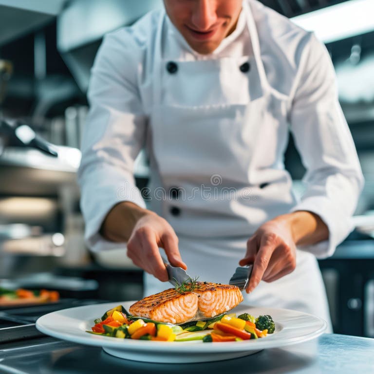 Chef Plating Grilled Salmon with Vegetables in Modern Kitchen Setting ...