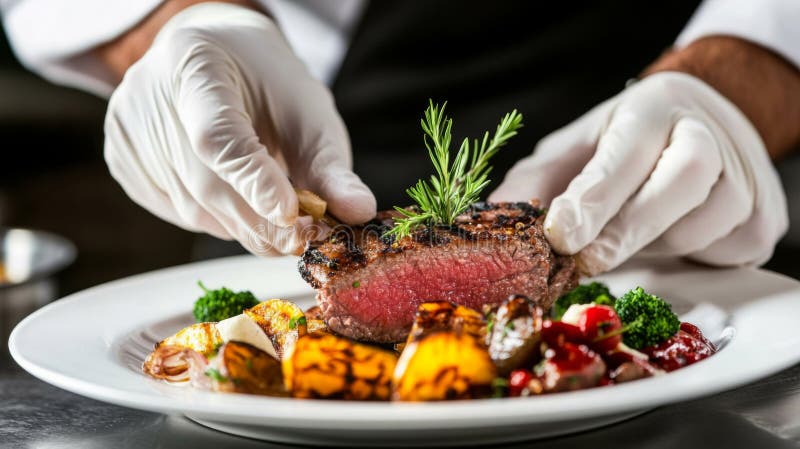 Chef Plating Grilled Steak with Roasted Vegetables Stock Illustration ...