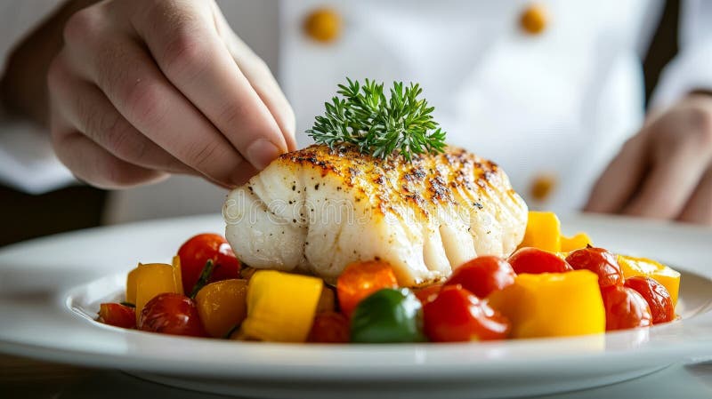 Chef Plating Grilled White Fish with Colorful Vegetables, Fine Dining ...