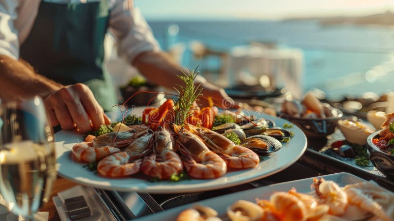 Chef Plating Seafood at Sunset Stock Image - Image of mediterranean ...