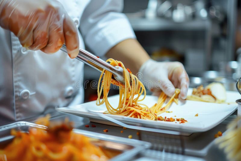 Chef Plating Spaghetti with Tongs in a Commercial Kitchen Stock ...