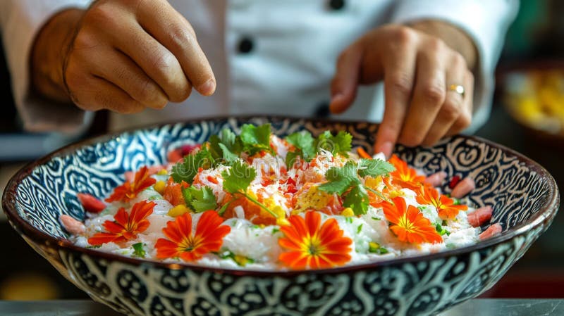 Chef Plating a Vibrant Rice Dish with Edible Flowers Stock Illustration ...