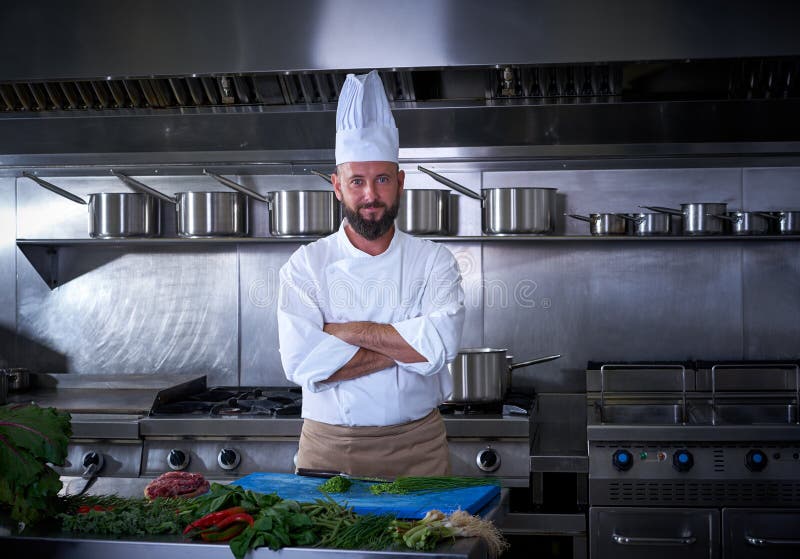 Chef Portrait with Beard in Restaurant Kitchen Stock Image - Image of ...