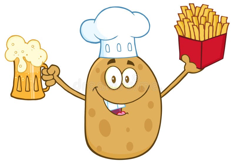Chef Potato Cartoon Character Holding Fries and Holding a Beer Stock ... Chef Potato Cartoon Character Holding Fries and Holding a Beer Stock ...